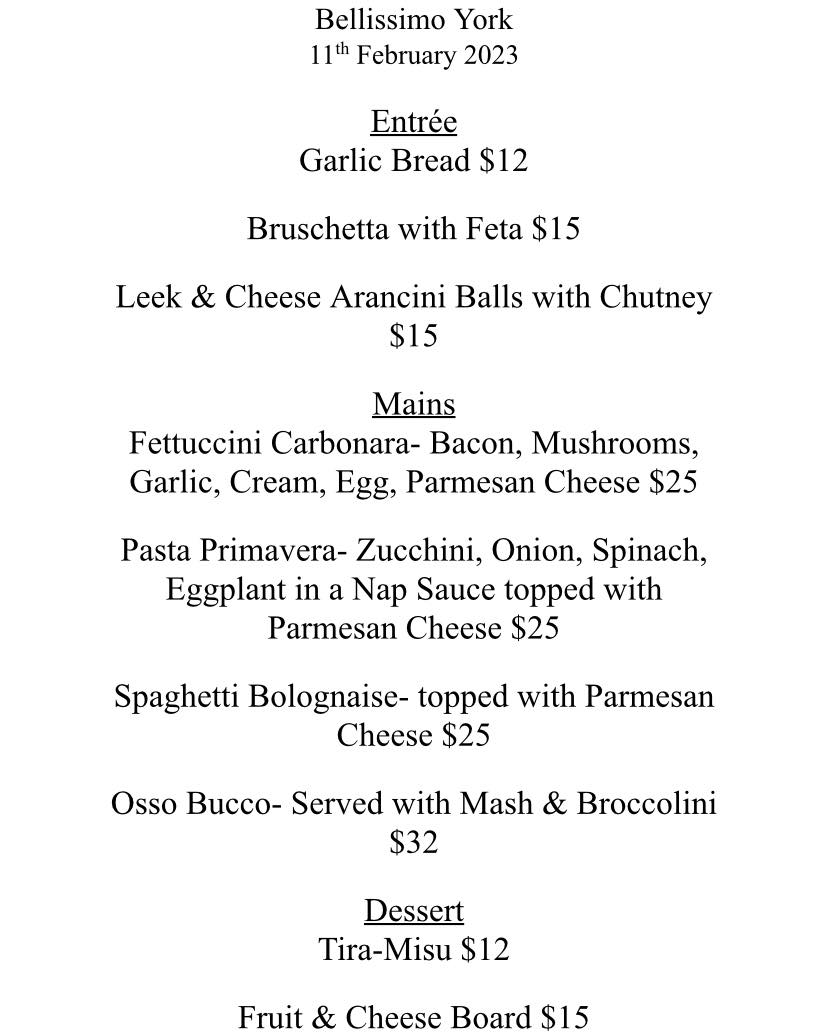 House Made Pasta Night at Bellissimo » Shire of York